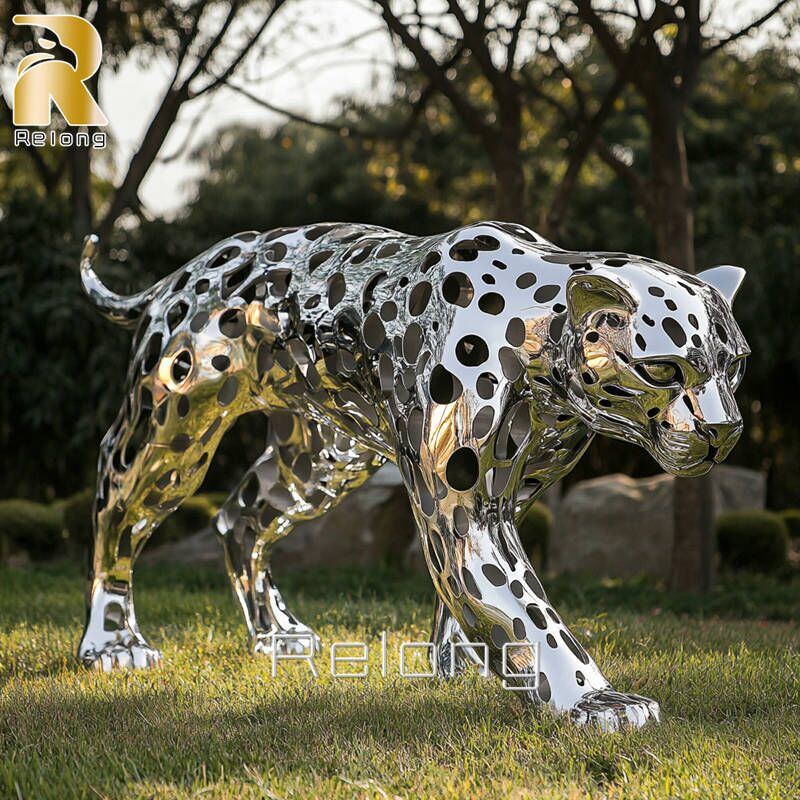Mirror Polished Metal Leopard Statue for Sale - Relong Art Sculpture
