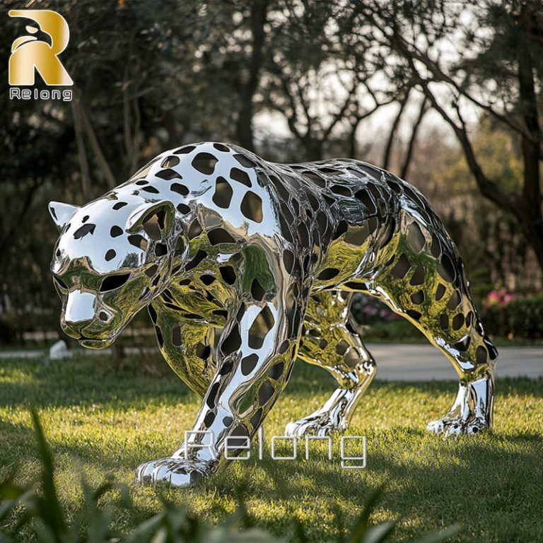 Mirror Polished Metal Leopard Statue for Sale - Relong Art Sculpture