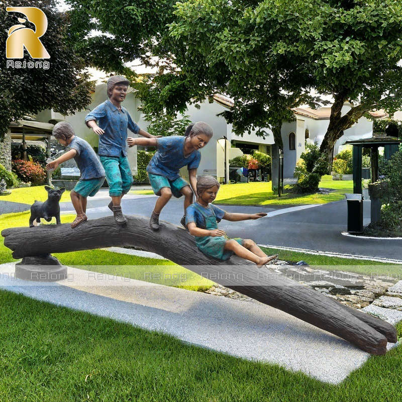 Custom Life Size Bronze Children on Log Sculpture - Relong Art Sculpture