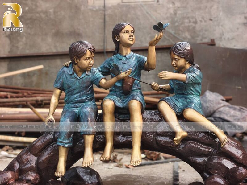 Custom Life Size Bronze Children on Log Sculpture - Relong Art Sculpture