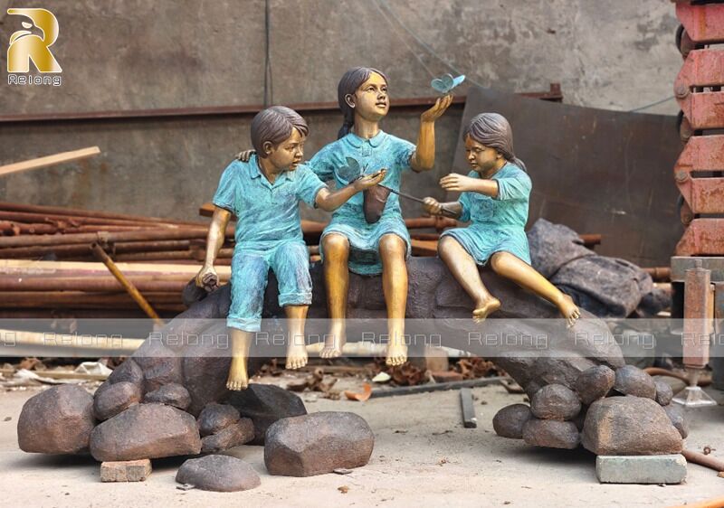 Custom Life Size Bronze Children on Log Sculpture - Relong Art Sculpture