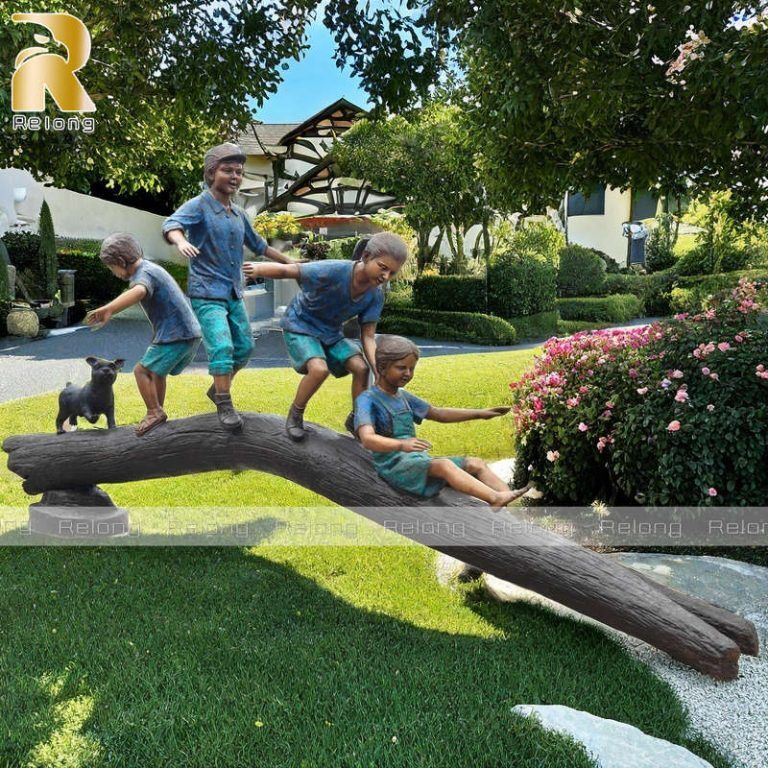 Custom Life Size Bronze Children on Log Sculpture - Relong Art Sculpture