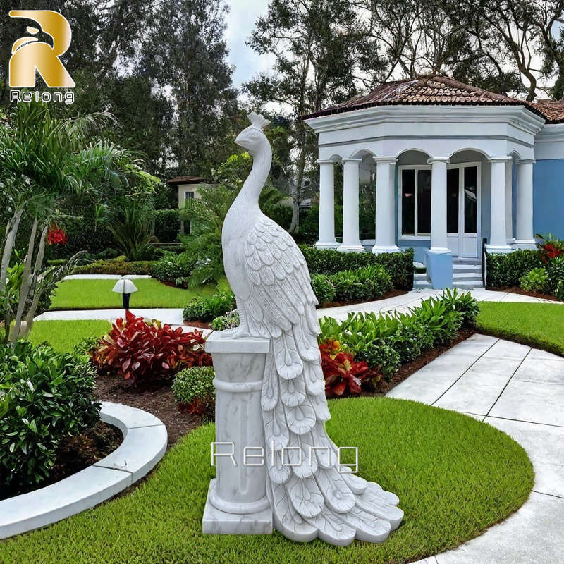 White Marble Peacock Statue for Outdoor Decor - Relong Art Sculpture