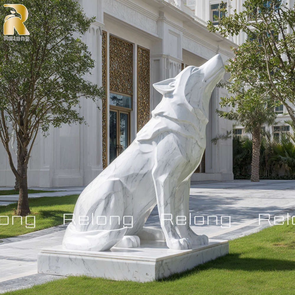 Hand Carved Natural Marble Wolf Statue for Yard Decor - Relong Art ...